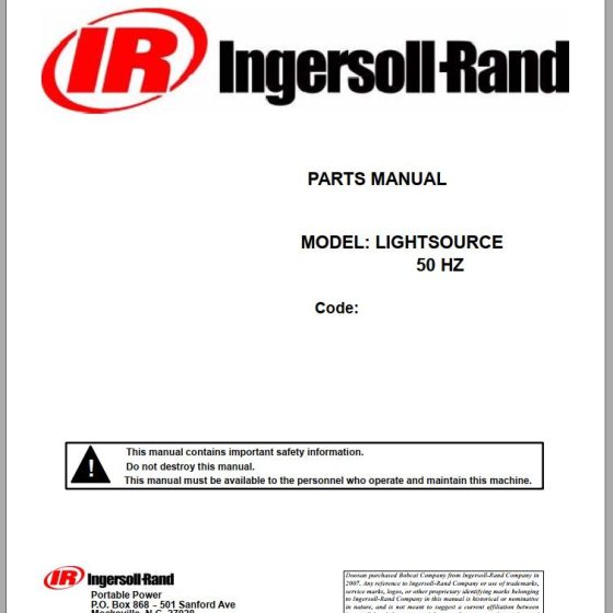 Ingersoll Rand Light Tower L8 Operation and Maintenance Manual 2015