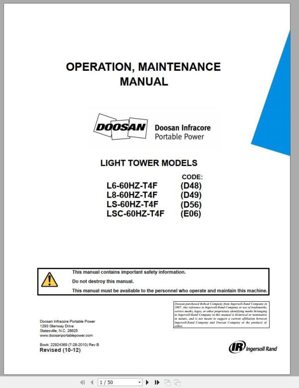 Ingersoll Rand Light Tower Lightsource Operation and Maintenance Manual ...