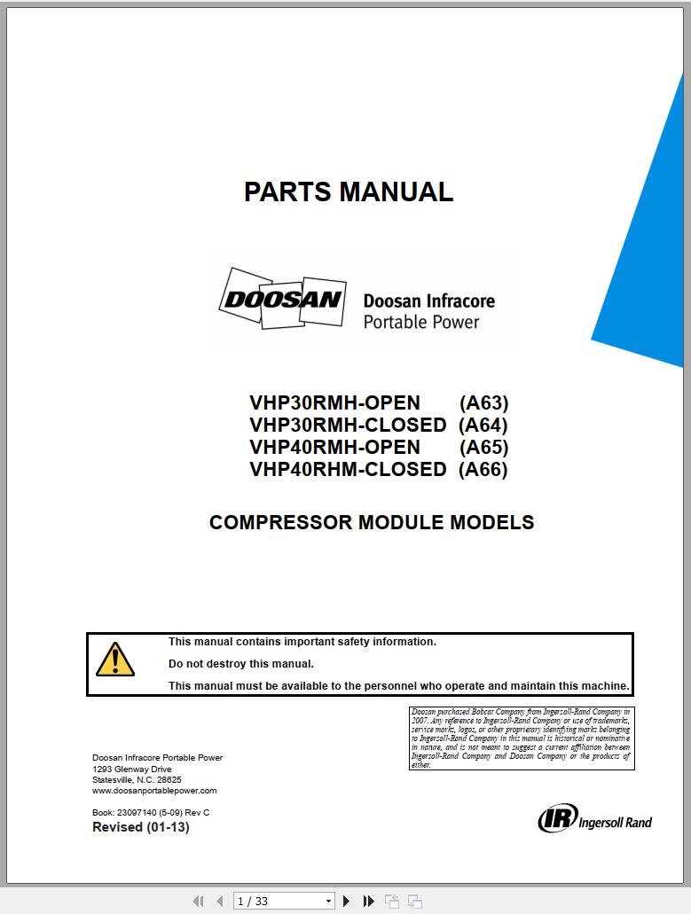 Ingersoll Rand Onboard Power VHP40RMH Parts Manual 2013