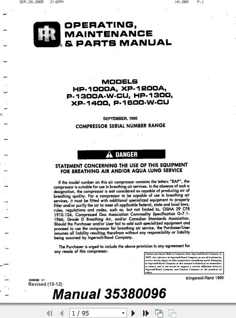 Ingersoll Rand Portable Compressor HP1000 Operation and Maintenance ...