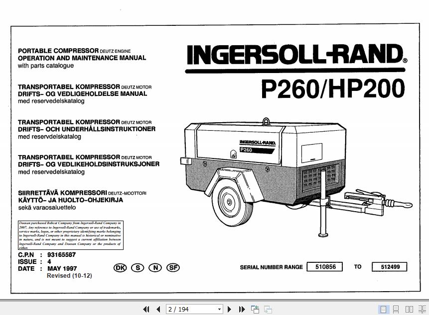 Ingersoll Rand Portable Compressor HP200 Operation and Maintenance ...