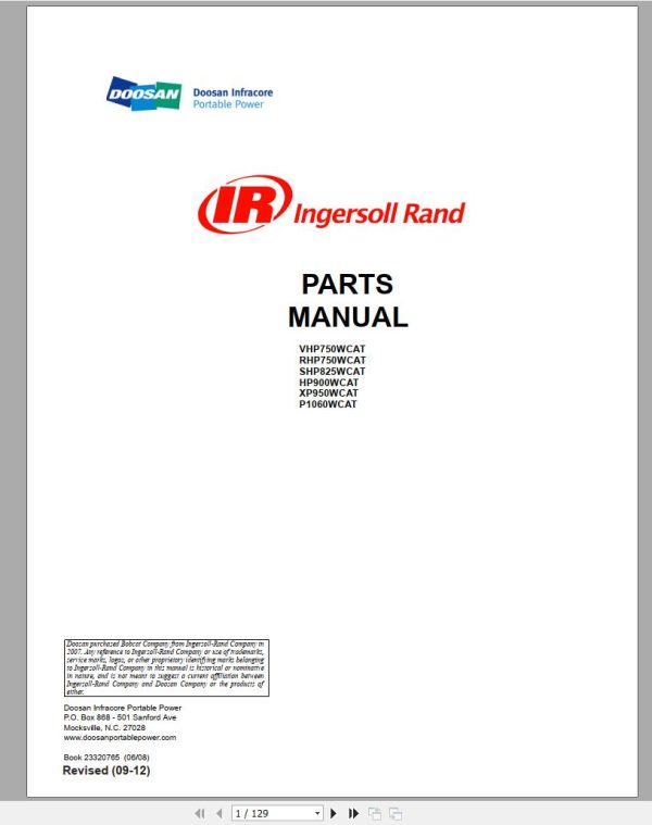 Ingersoll Rand Portable Compressor HP900 Parts Manual 2012