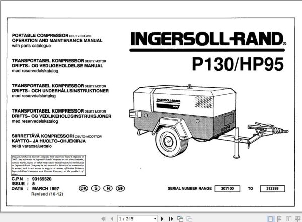 Ingersoll Rand Portable Compressor P130 Operation and Maintenance Manual 2012