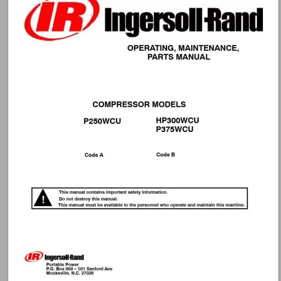 Ingersoll Rand Portable Compressor P185 Parts Manual, Operation and ...