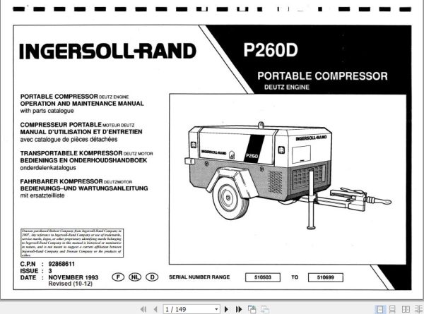 Ingersoll Rand Portable Compressor P260 Operation and Maintenance ...