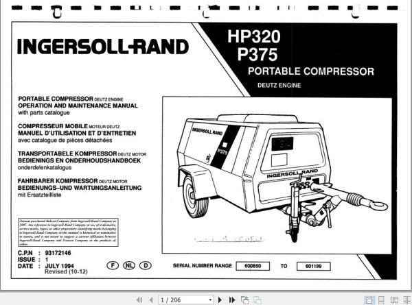 Ingersoll Rand Portable Compressor P375 Operation and Maintenance ...