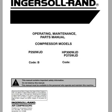 Ingersoll Rand Portable Compressor P260 Parts Manual, Operation and ...
