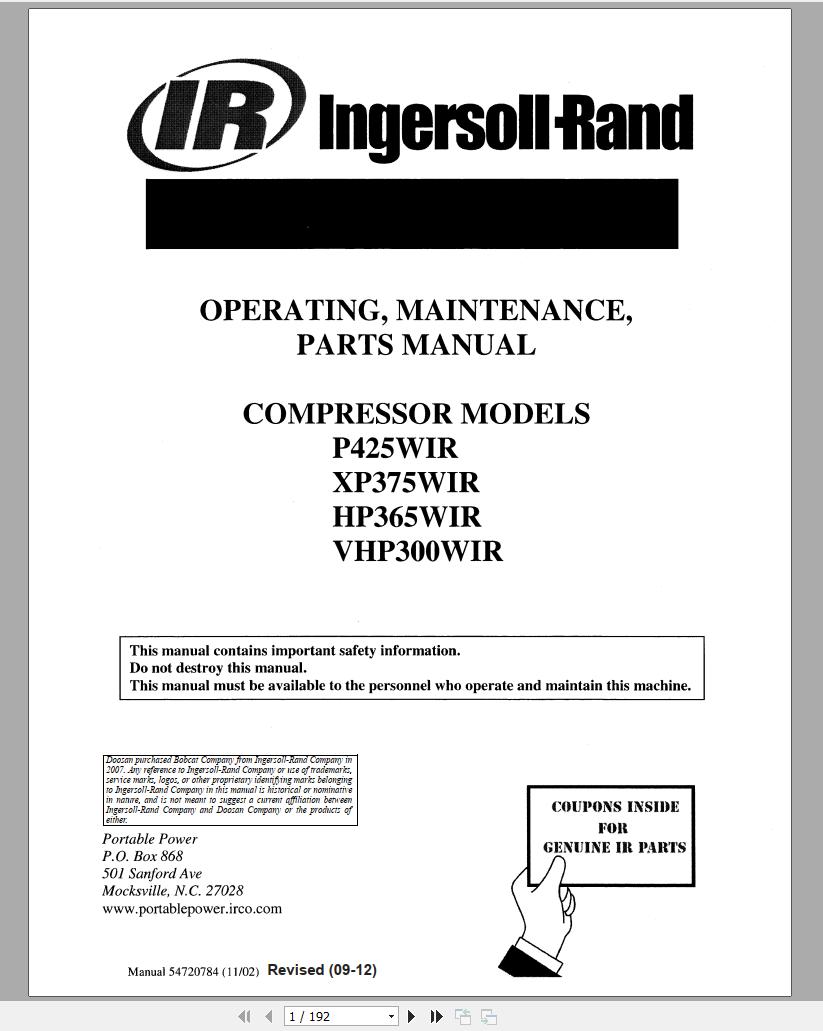 Ingersoll Rand Portable Compressor P425 Parts Manual, Operation and ...
