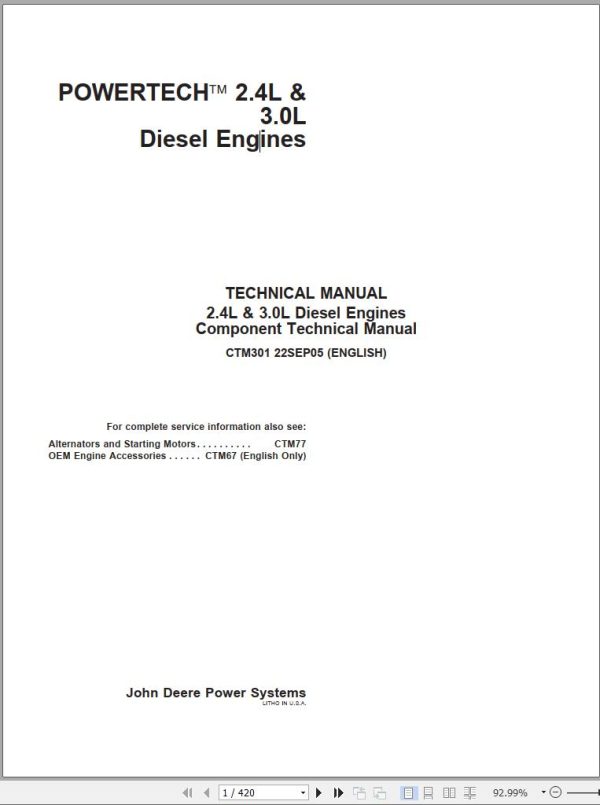 John Deere Diesel Engines PowerTech 2.4L 3.0L Technical Manual