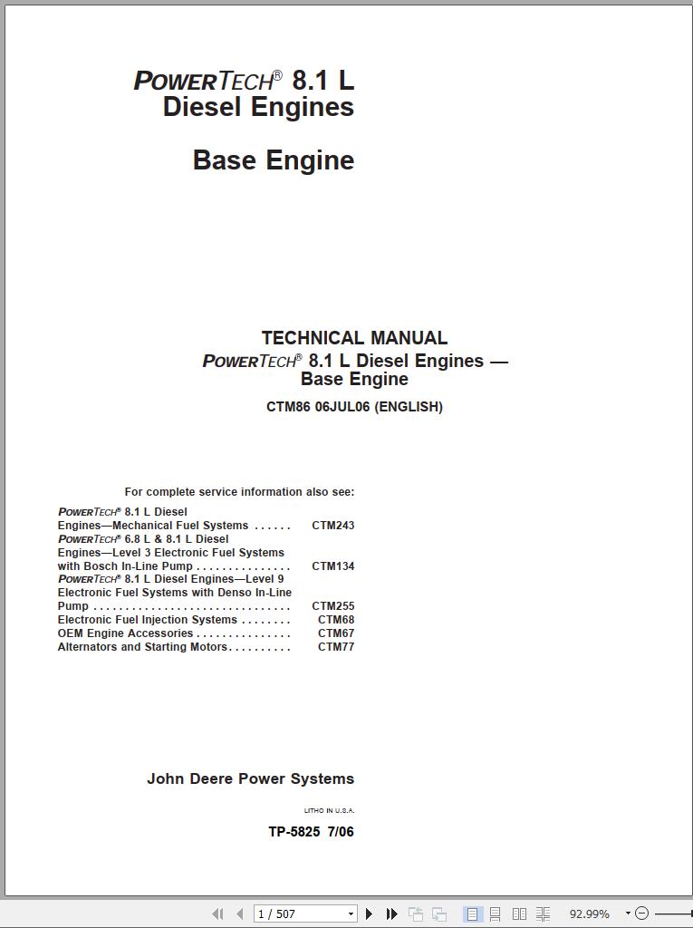 John Deere Diesel Engines PowerTech 8.1L Base Engine Technical Manual