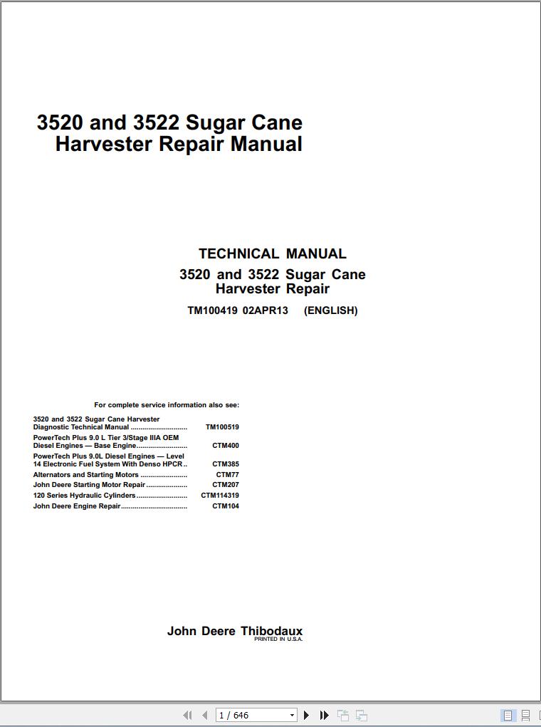 John Deere Sugar Cane Havester 3520 3522 Repair Manual
