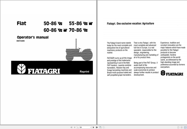New Holland Fiat 50-86 55-86 60-86 70-86 Tractors Operator's Manual ...