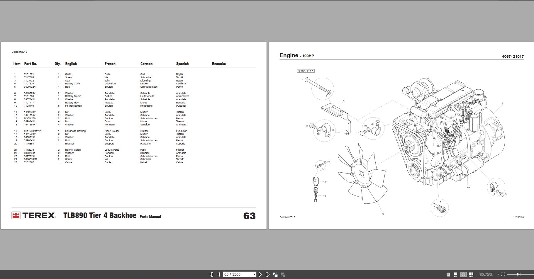 Terex Backhoe Loader TLB890 Tier 4 Interim Stage 3B Parts Catalogue