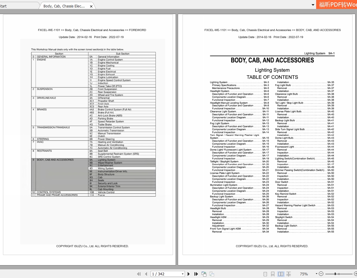 Isuzu Truck FX FY GX Series Workshop Service Information