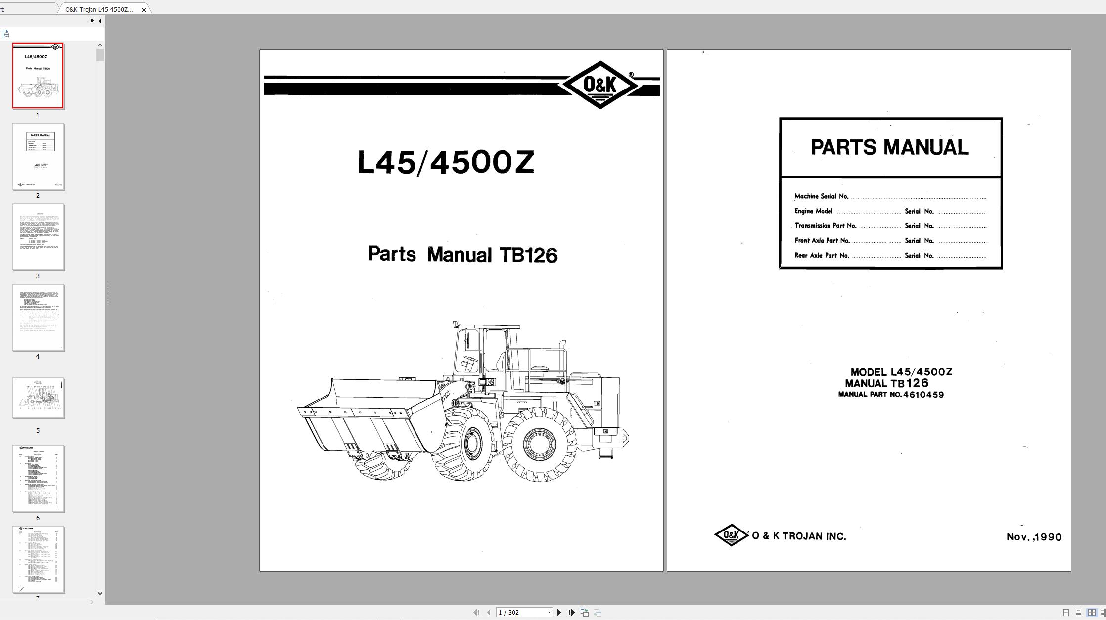 O&K Trojan L45-4500Z Wheel Loader Parts Manual TB126