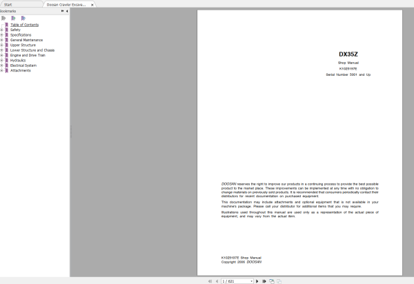 Doosan Crawler Excavator DX35Z Shop Manual K1025197E