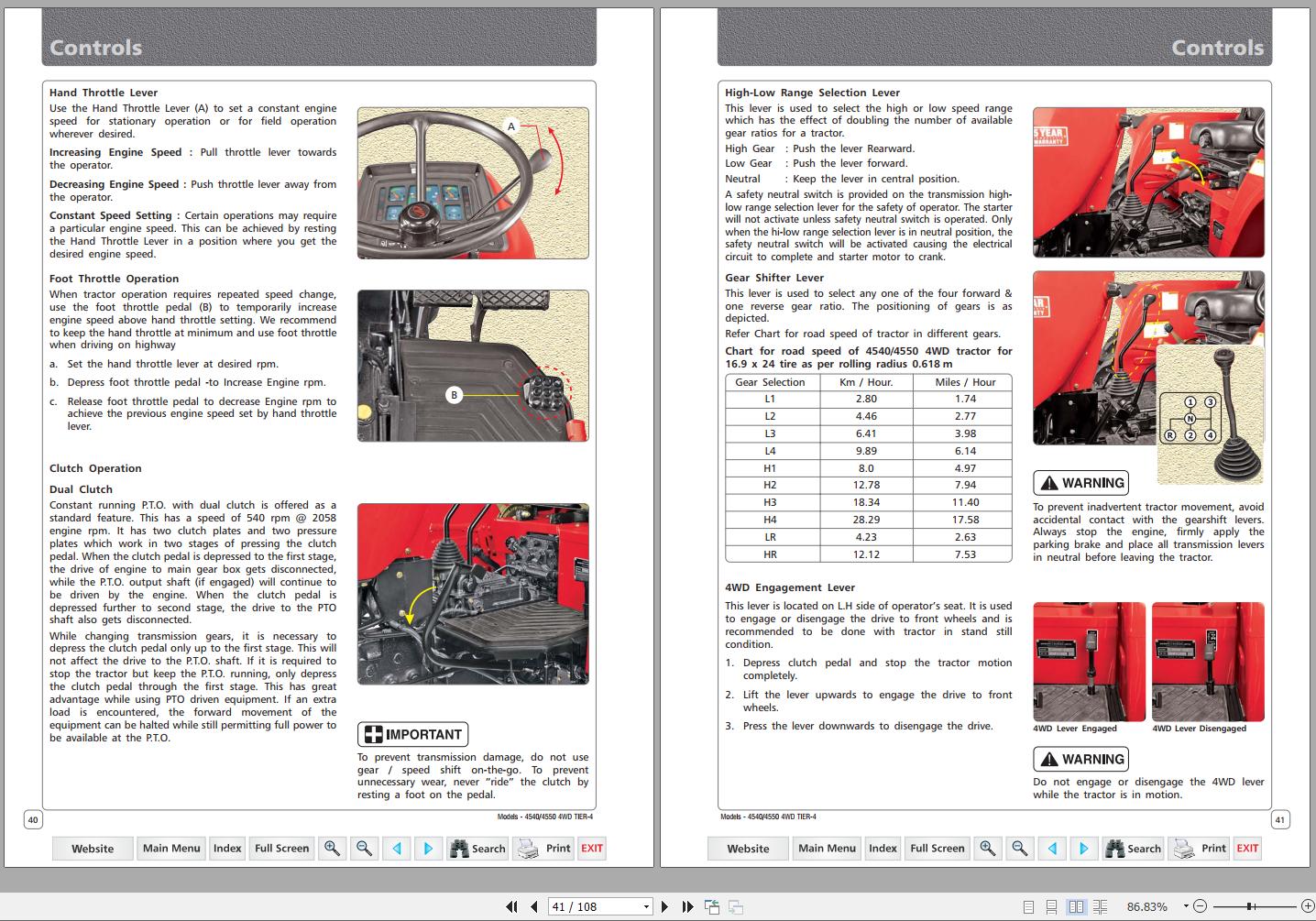 Mahindra Tractor 4540 4550 4WD Operator Manual