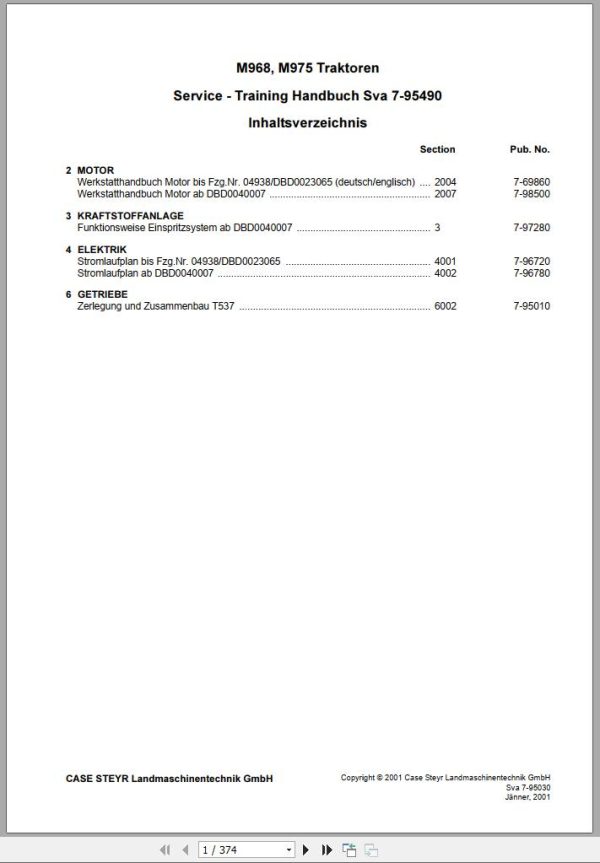 Steyr Agricultural Tractor M968 M975 Service Training Manual DE