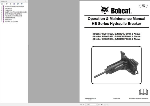 Bobcat Hydraulic Breaker HB04T-SSL HB06T-SSL HB08T-SSL Operation and ...