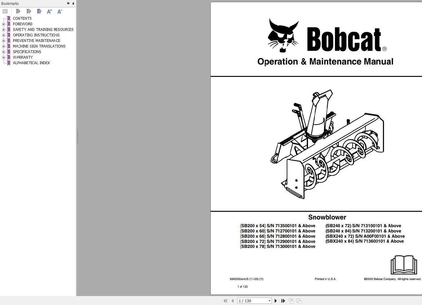 Bobcat Snowblower SB200x54 to SBX240x84 Operation and Maintenance Manual 6902052 11.2020