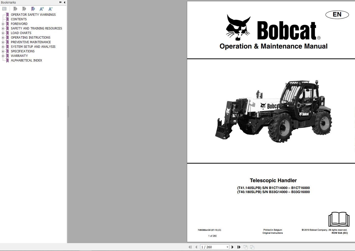 Bobcat Telescopic Handler T41140SLP T40180SLP Operation and Maintenance ...