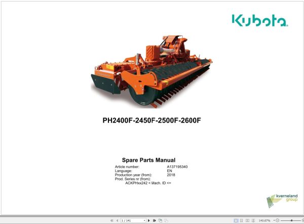 Kubota Power Harrows PH3400F PH3450F PH3500F PH3600F Spare Parts Manual ...