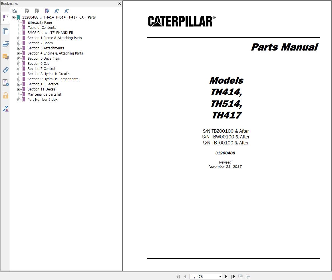 CAT Telehandler TH414 Parts Manual