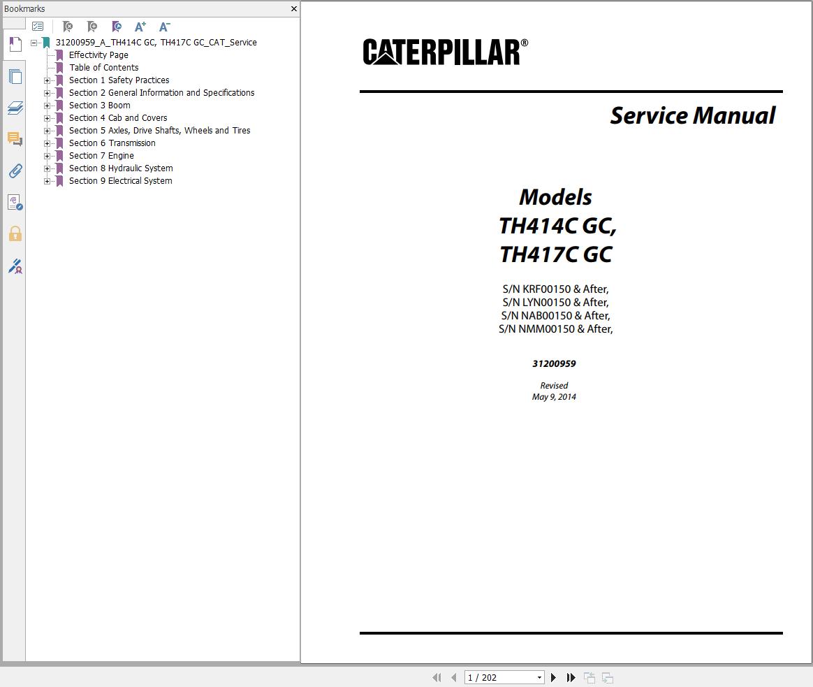 CAT Telehandler TH414C GC Service Manual