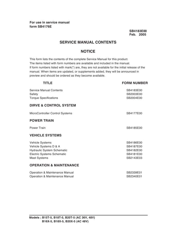 Daewoo Forklift B15T-5 to B20X-5 Service Manuals SB4183E00