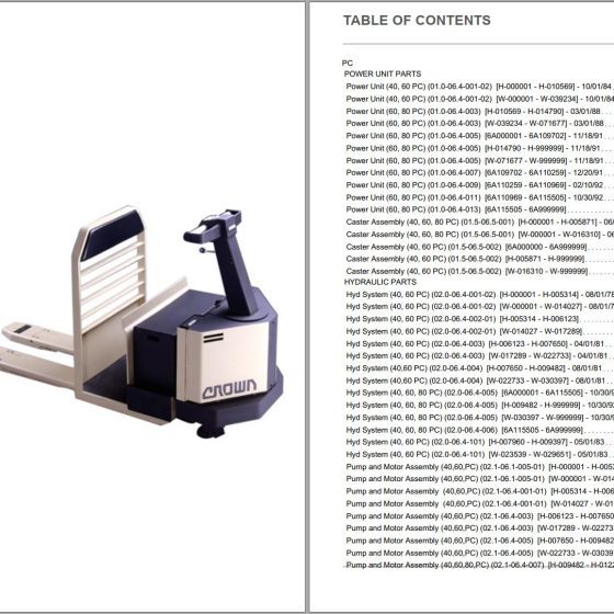 Crown Pallet PC 4500 Parts Catalog, Maintenance, Service Manual EN FR