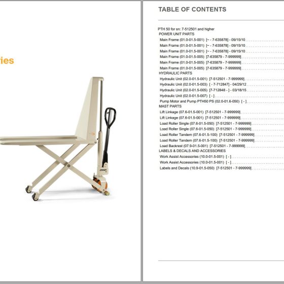 Crown Pallet PTH 50 Parts Catalog, Service Manual (before SN 7-512500)