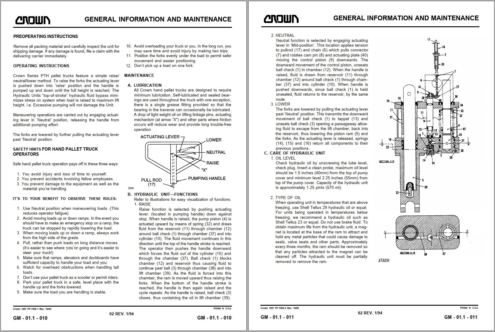 Crown Pallet PTH 50 Parts Catalog, Service Manual (before SN 7-512500)