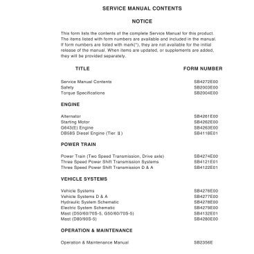 Daewoo Forklift D50S-5 to G70S-5 Service Manuals SB4272E03