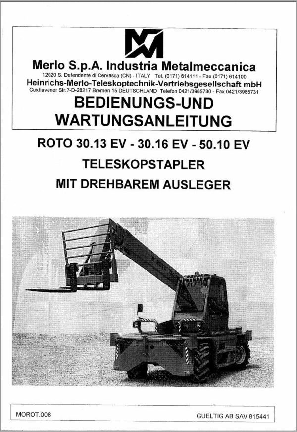 Merlo ROTO EV R30.13 to R50.10 Service Manuals (SAV 815441 -) DE