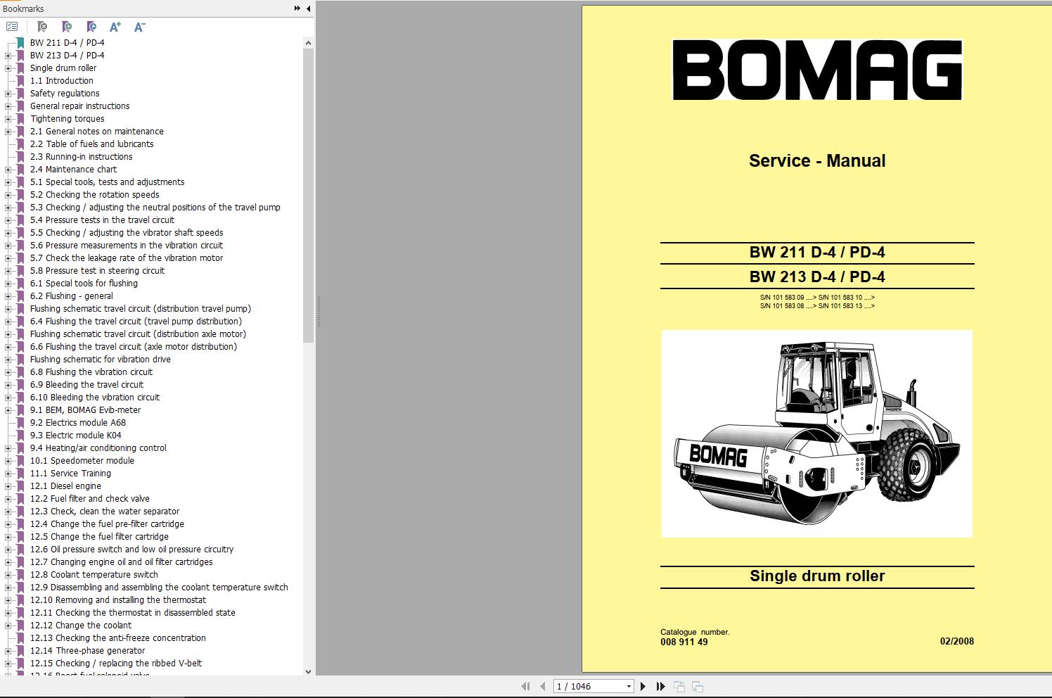 Bomag Machinery BW211D-40 BW211PD-40 Service Manual, Service Training, Operating And Maintenance ...