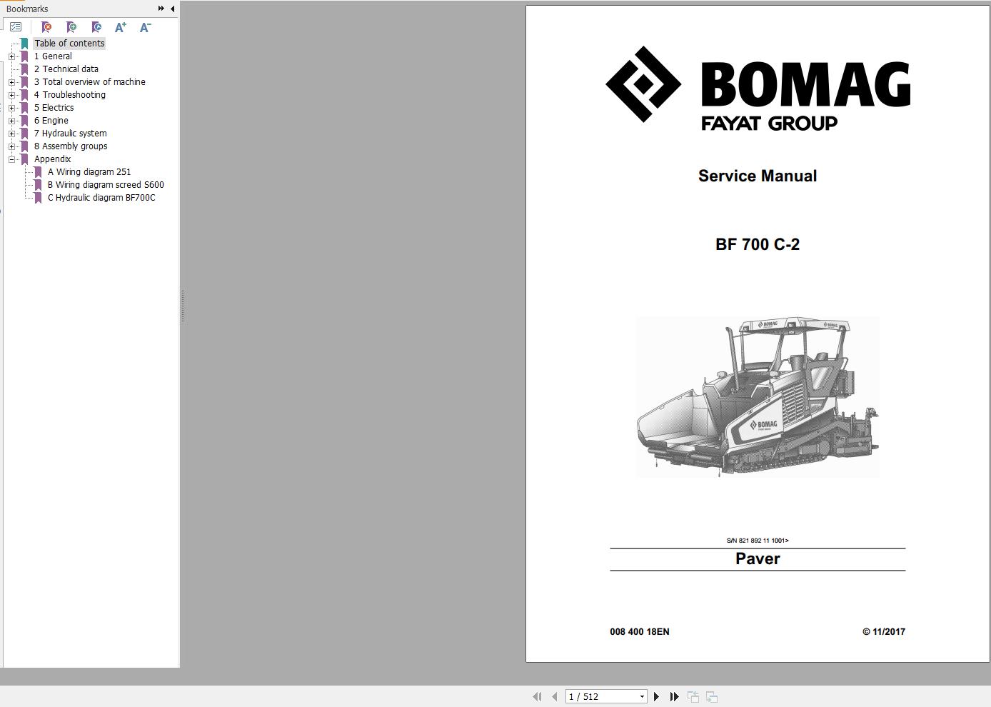 Bomag Machinery BF700 C-2 Service Manual, Operating And Maintenance ...