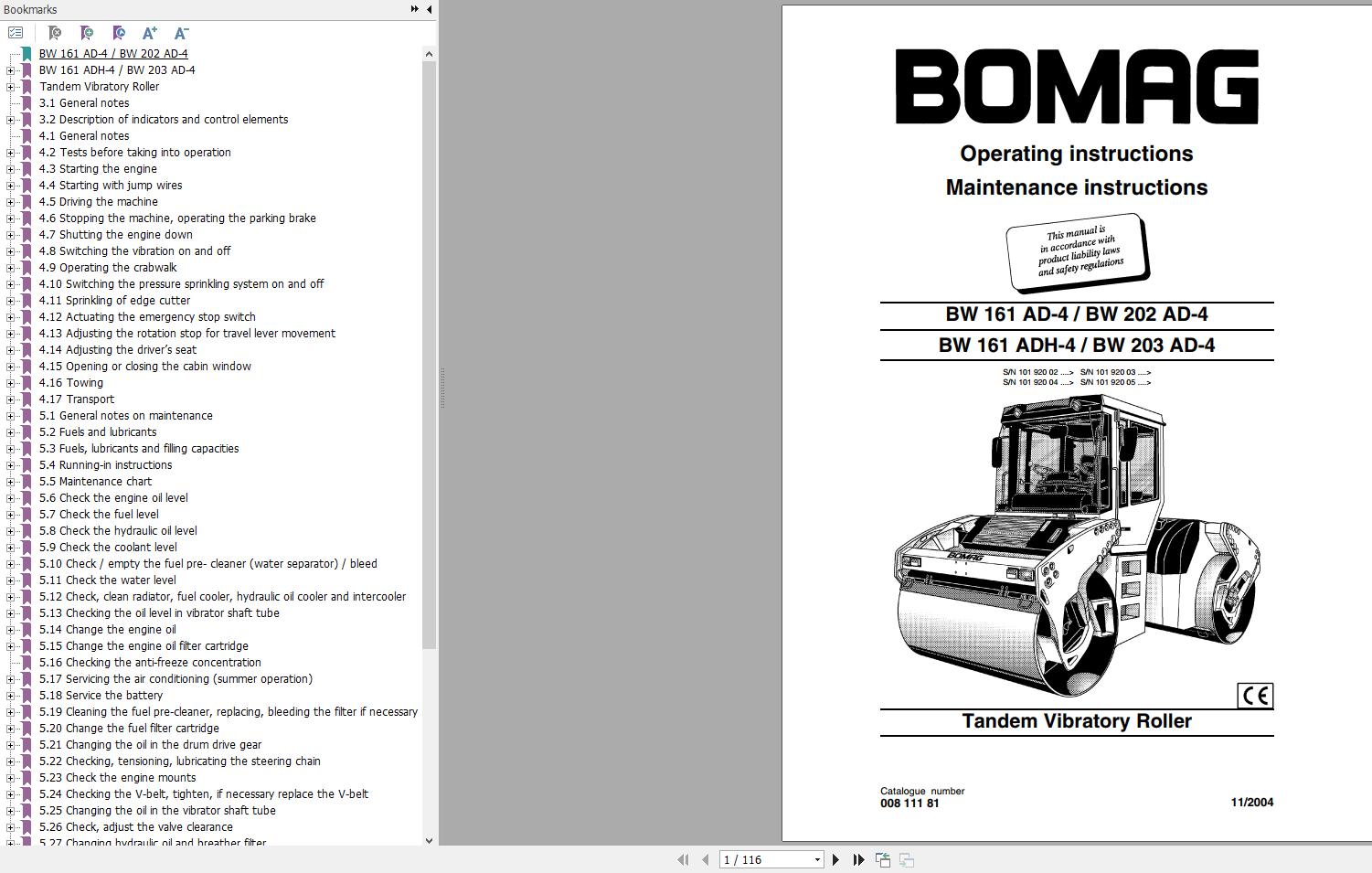 Bomag Machinery BW161ADH-4 Operating And Maintenance Instructions