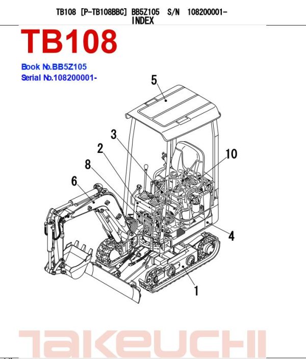 Takeuchi Excavator TB108 Parts Workshop Operators Manual FR EN