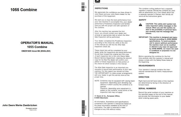 John Deere Combine 1055 Operator's Manual