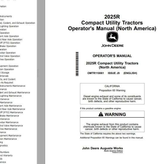 John Deere Compact Utility Tractors 2025R 2032R Operator's Manual