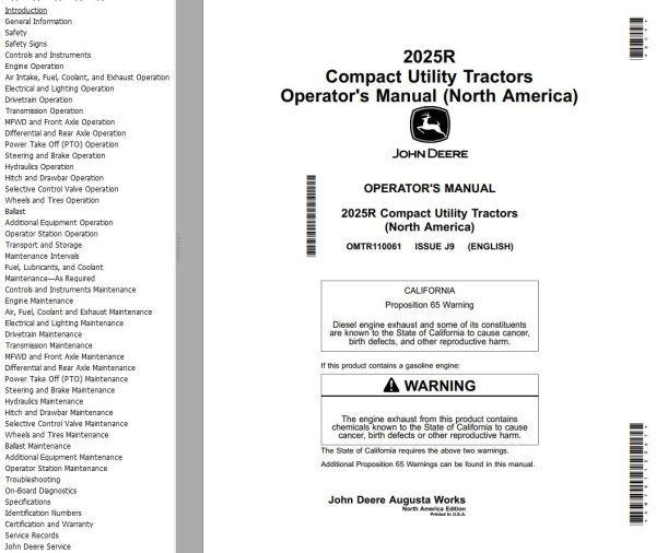 John Deere Compact Utility Tractors 2025R Operator's Manual
