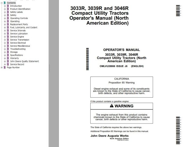 John Deere Compact Utility Tractors 3033R 3039R 3046R Operator's Manual