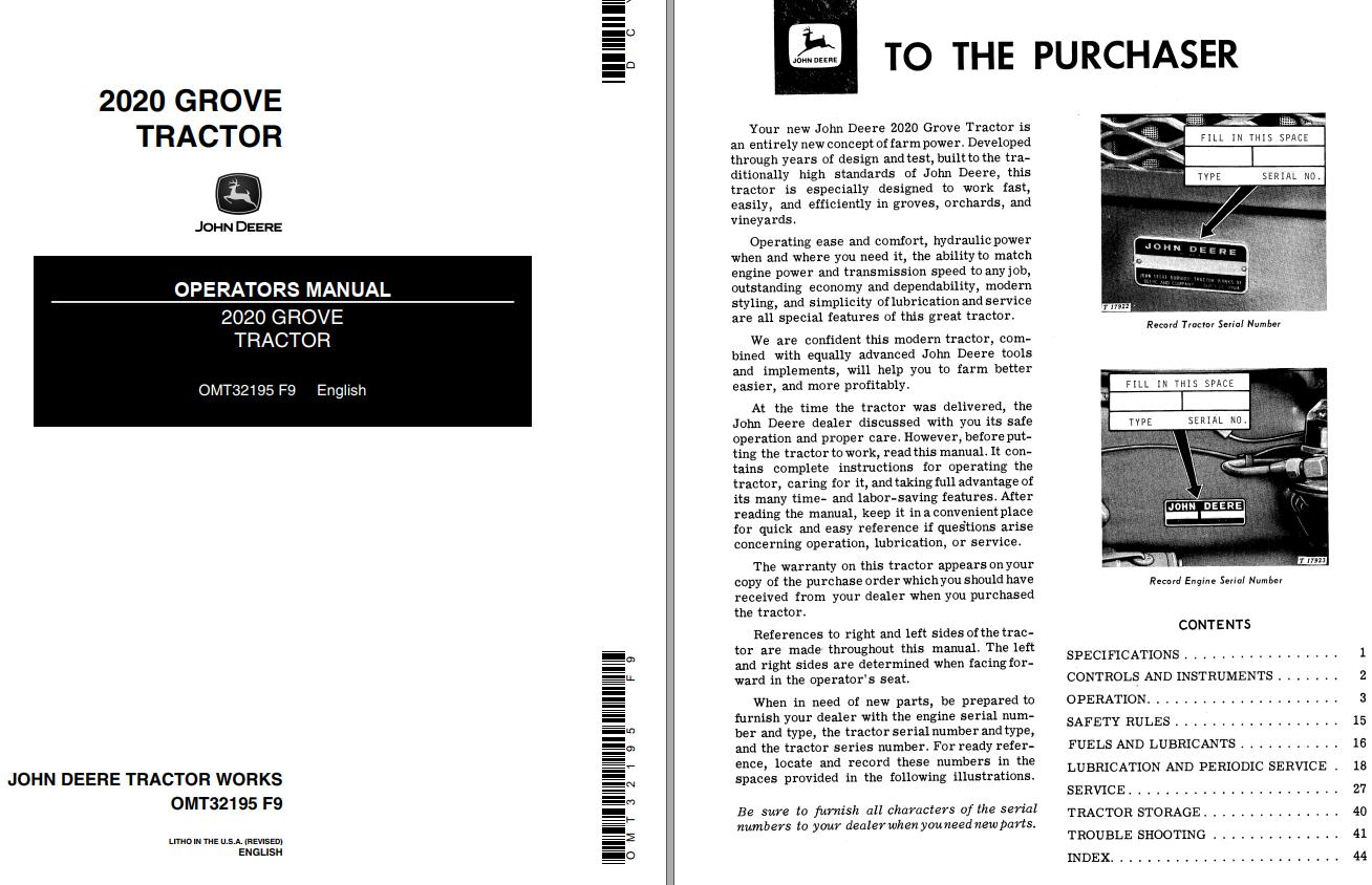 John Deere Grove Tractor 2020 Operators Manual