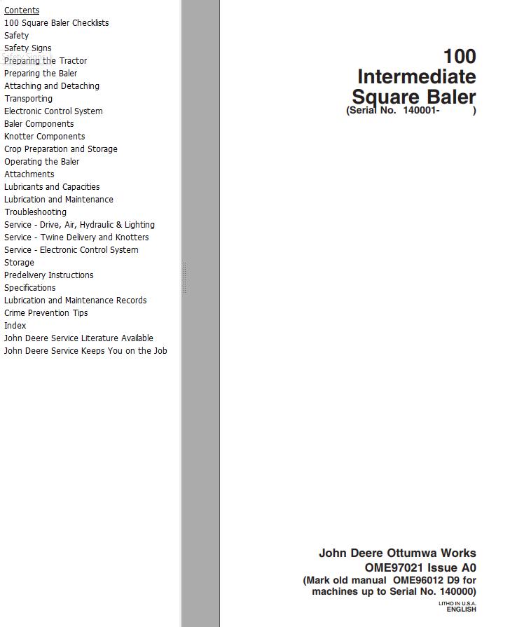 John Deere Intermediate Square Baler 100 Operator Manual