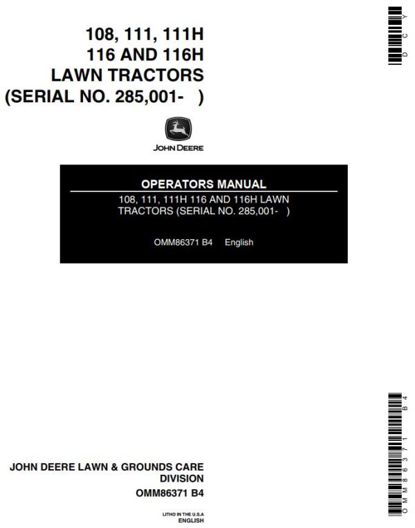 John Deere Lawn Tractors 108 111 111H 116 116H Operators Manual