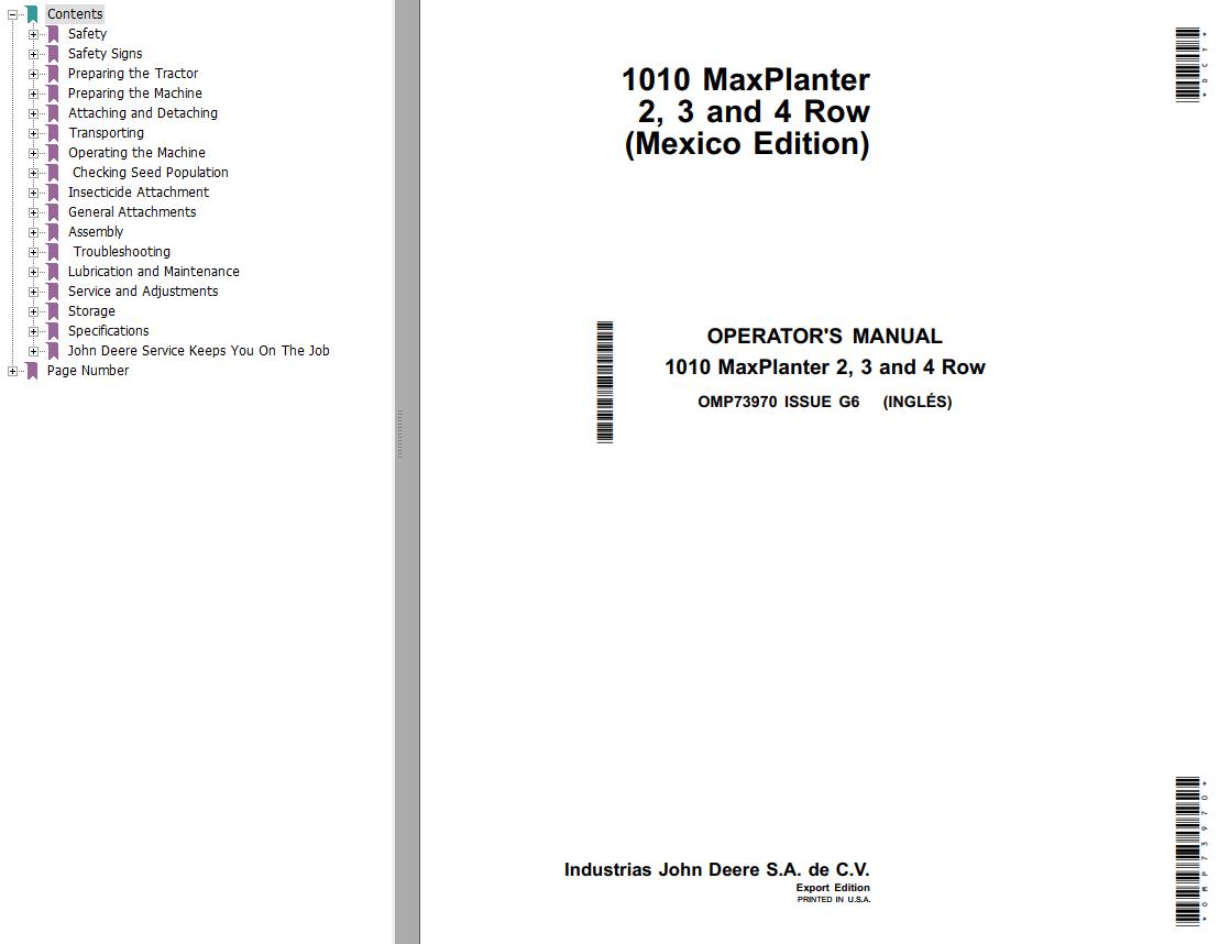 John Deere Max Planter 2 3 and 4 Row 1010 Operator's Manual