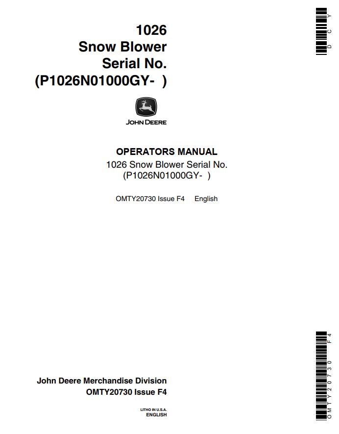 John Deere Snow Blower 1026 Operators Manual EN FR