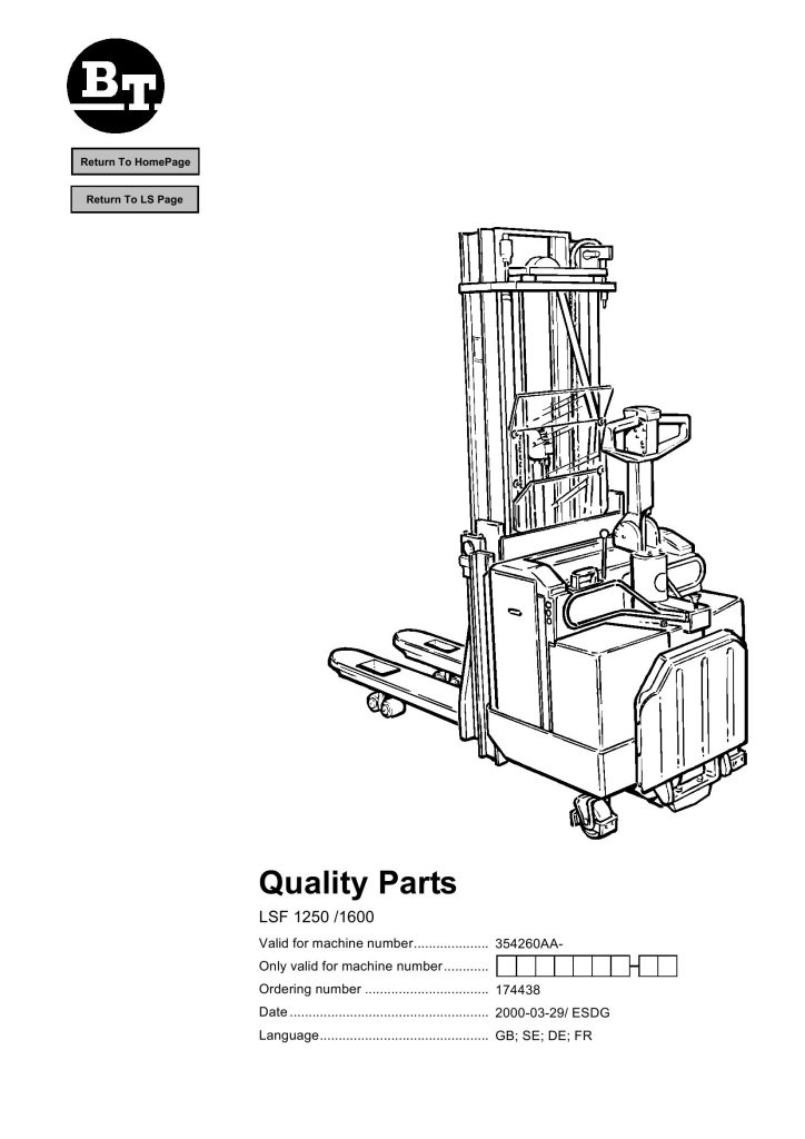 BT Forklift LSF1250 LSF1600 Parts Catalog