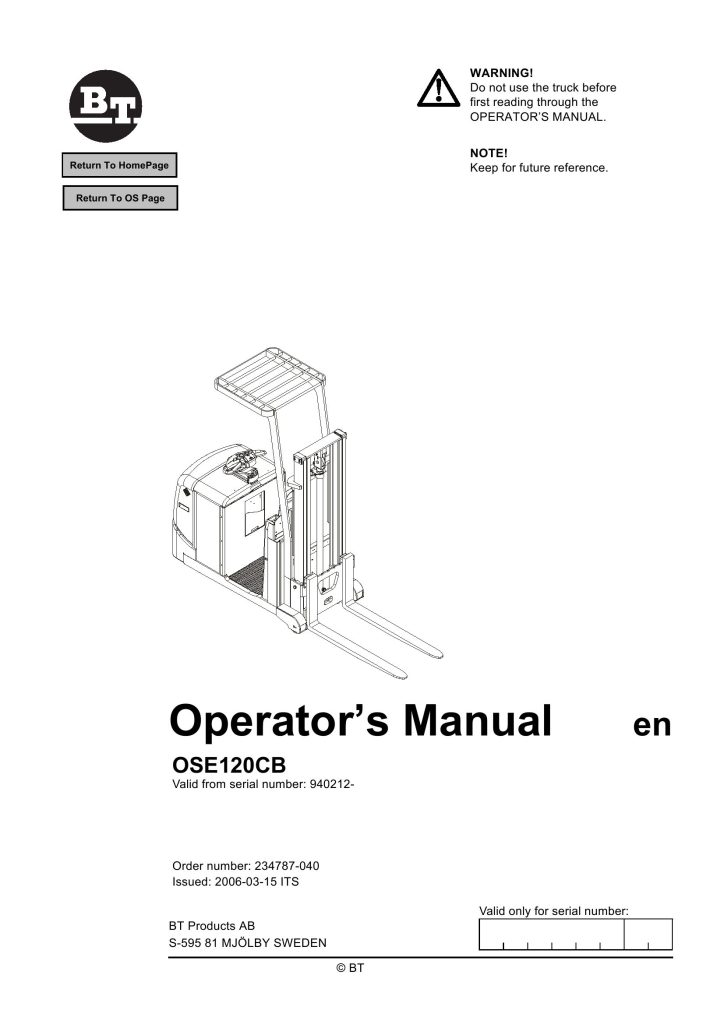 BT Forklift OSE120CB Operator's Manual