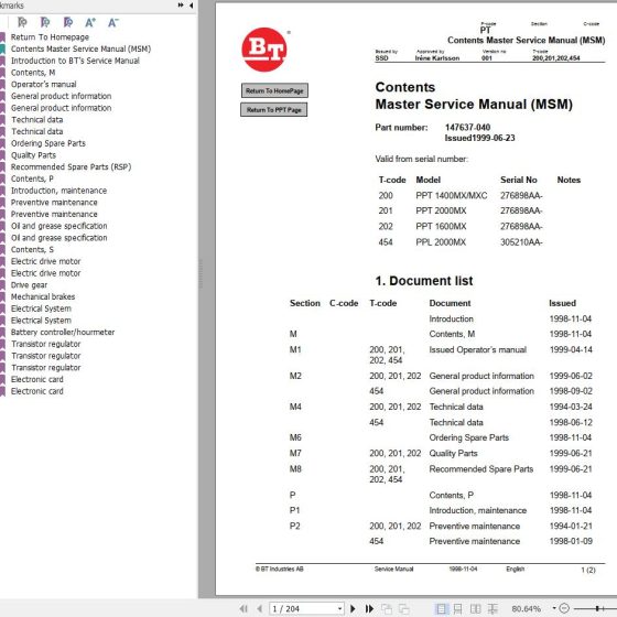 BT Forklift PPO1500 MX, BTOS 1.0 to BTOS 3.0 Master Service Manual